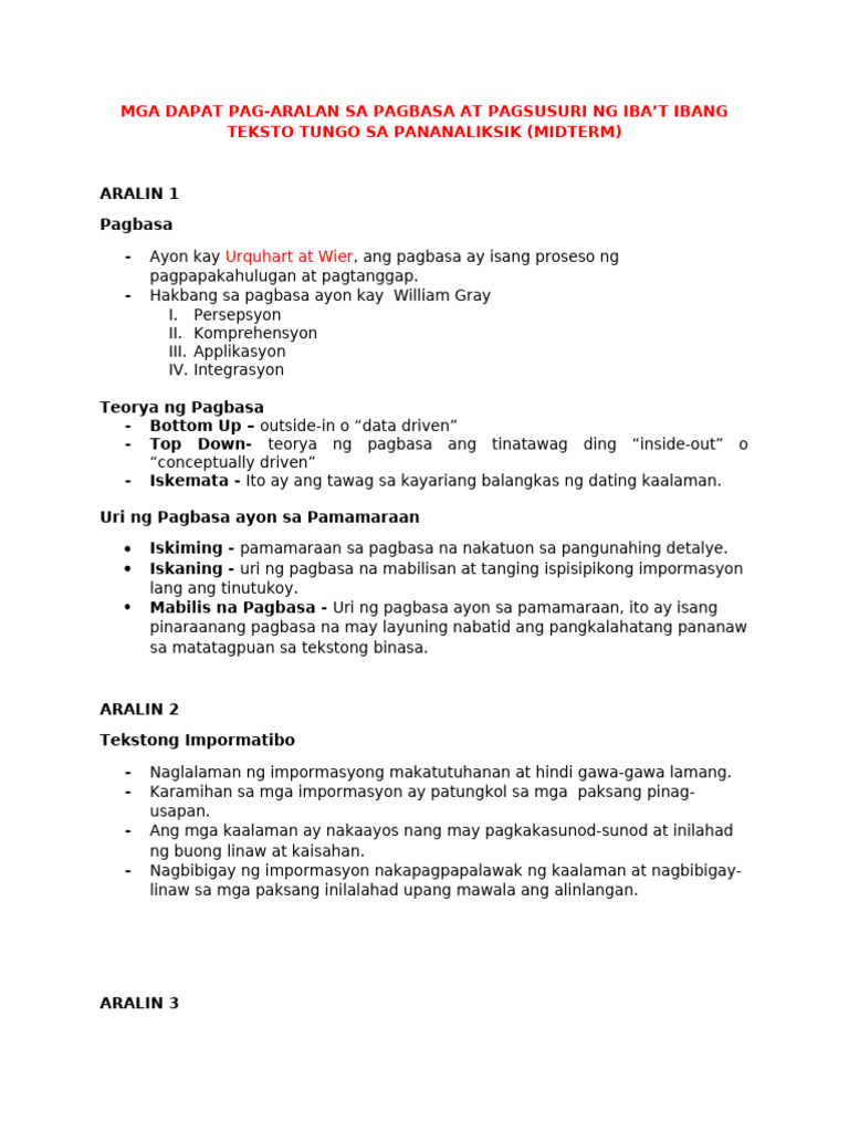 Mga Dapat Pag Aralan Sa Pagbasa Midterm | PDF