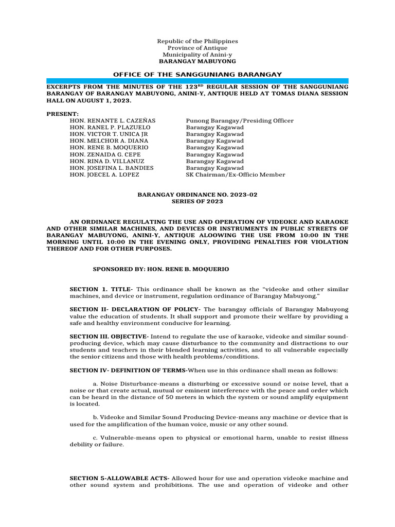 Barangay Mabuyong Videoke Regulation | PDF | Noise | Justice