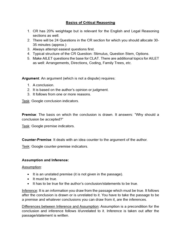 (CLAT) (Basics of Critical Reasoning) | PDF | Inference | Argument