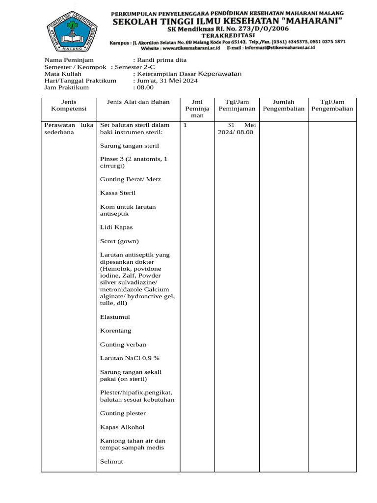 Peminjaman Alat Lab Keperawatan | PDF