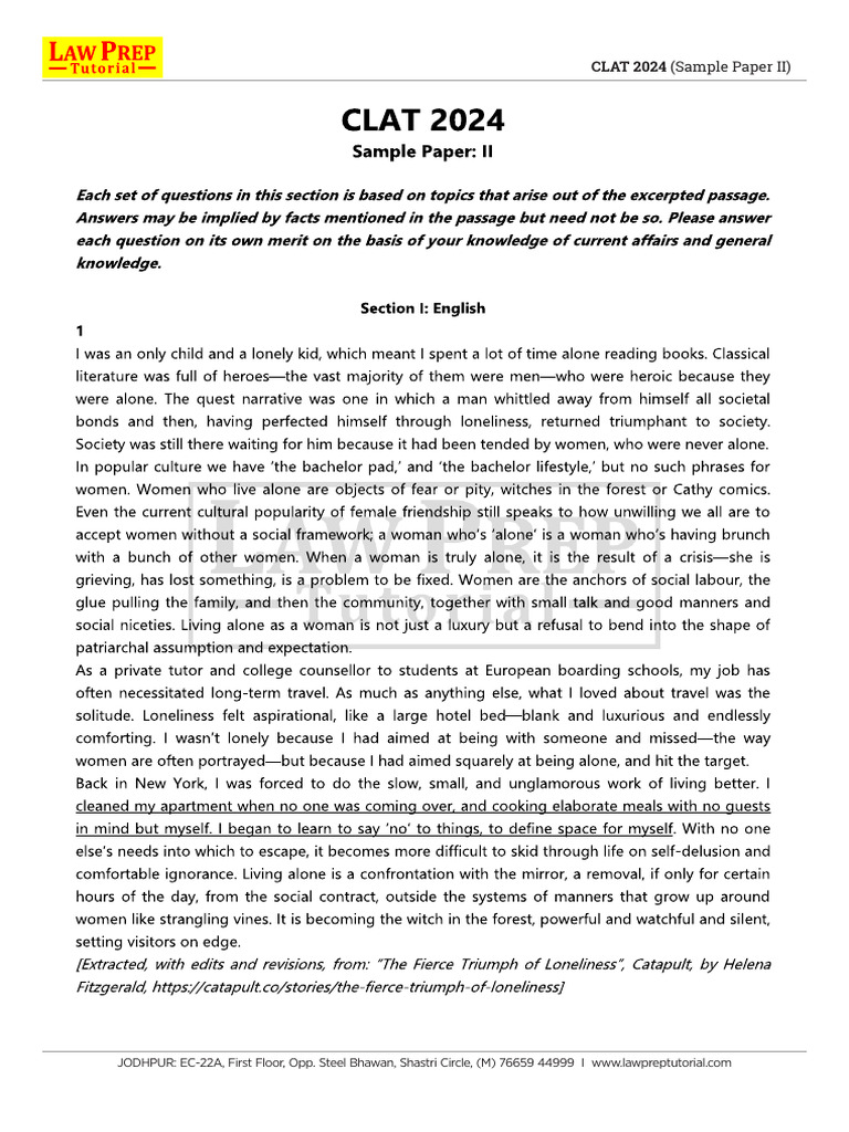 CLAT Sample Paper II 2024 | PDF