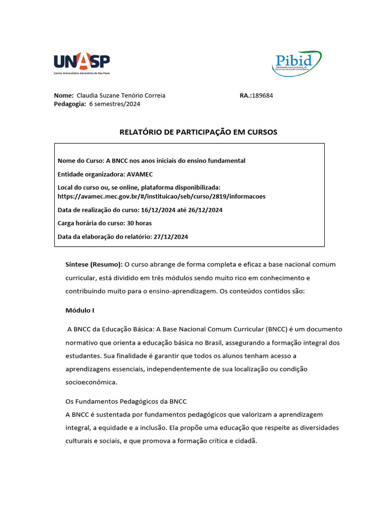 Curso BNCC: Formação nos Anos Iniciais | PDF | Pedagogia | Aprendizado