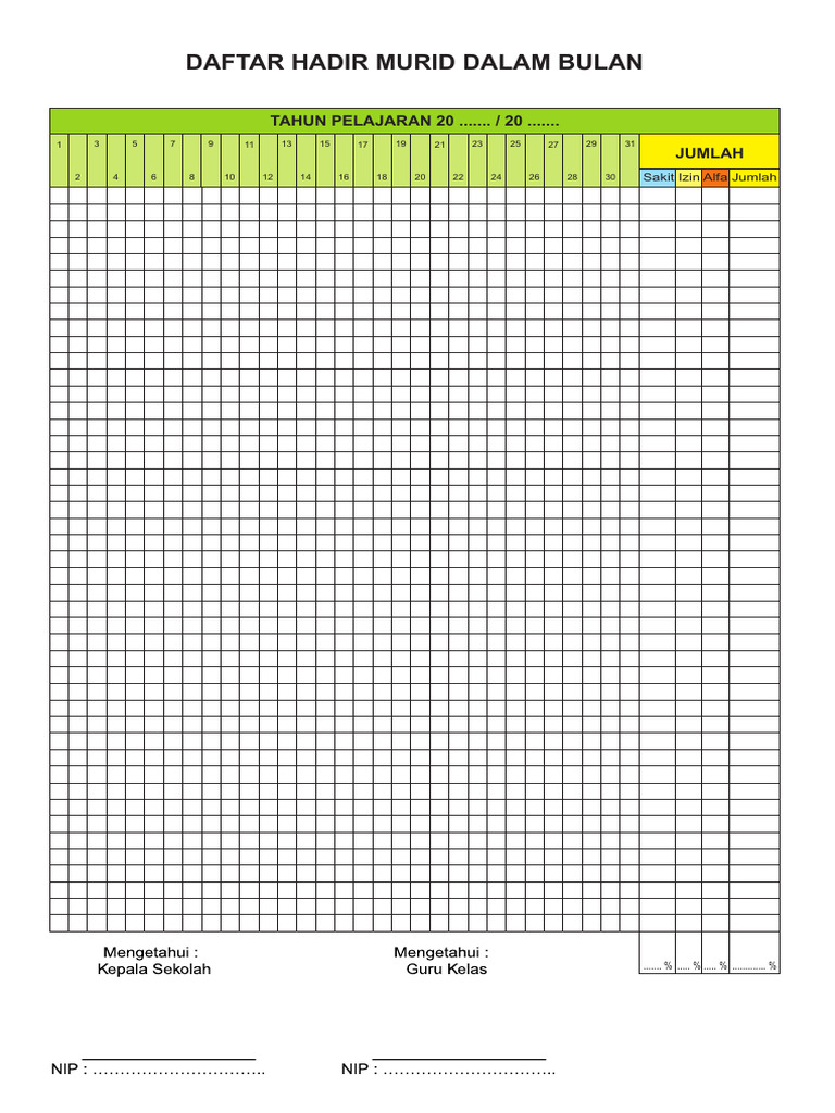Daftar Kehadiran Murid Bulanan | PDF