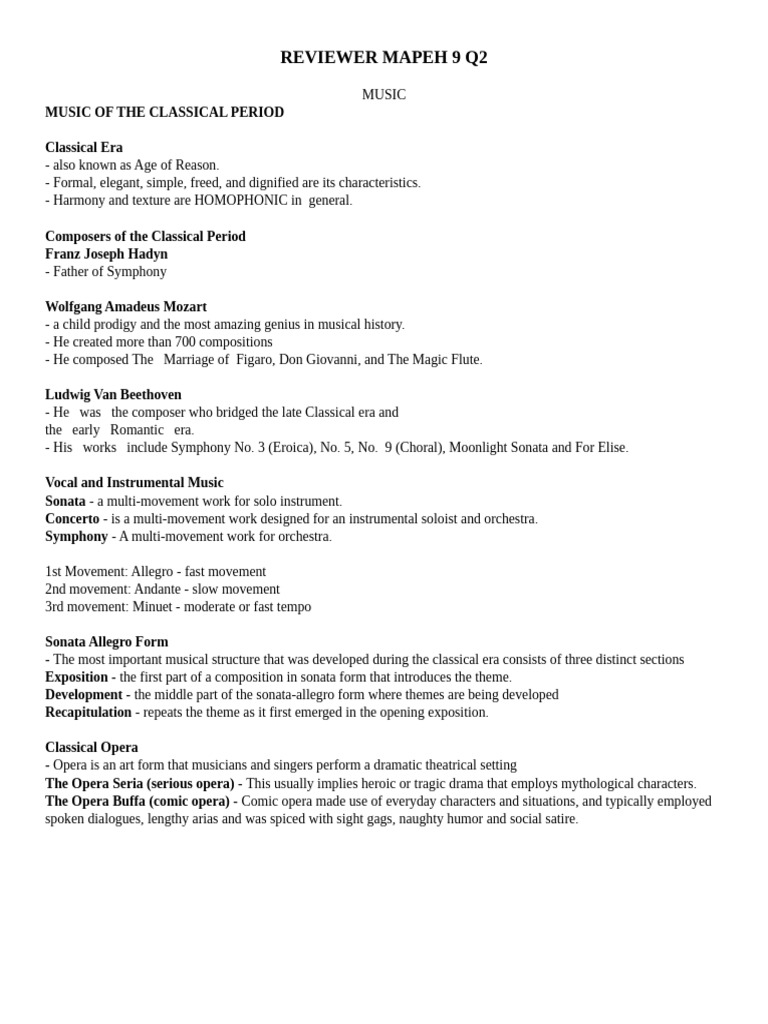 Reviewer Mapeh 9 q2 | PDF | Classical Period (Music) | Stimulant