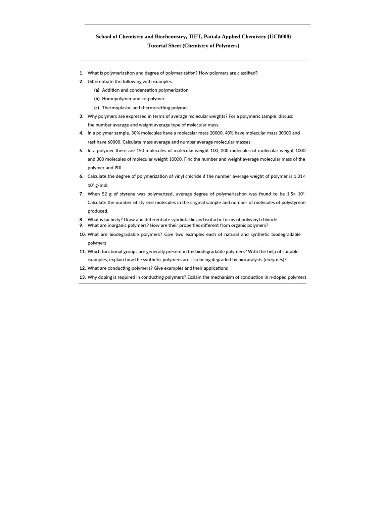 7.4 Tutorial Sheet - Polymers (1) | PDF
