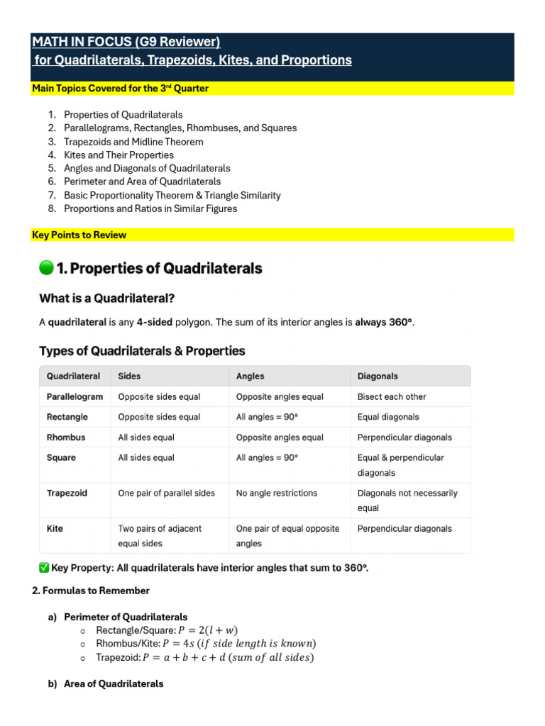 Math 9 in Focus Reviewer For Quadrilaterals | PDF | Rectangle | Area