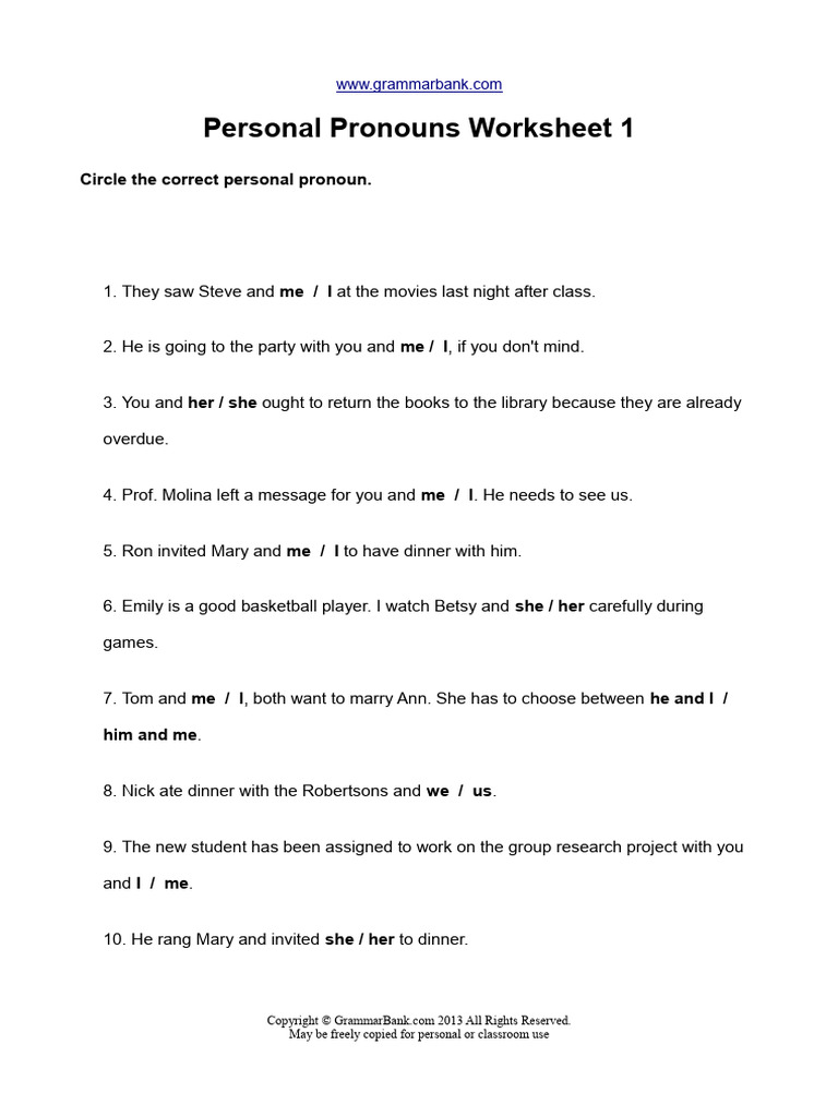 Personal Pronouns Worksheet | PDF