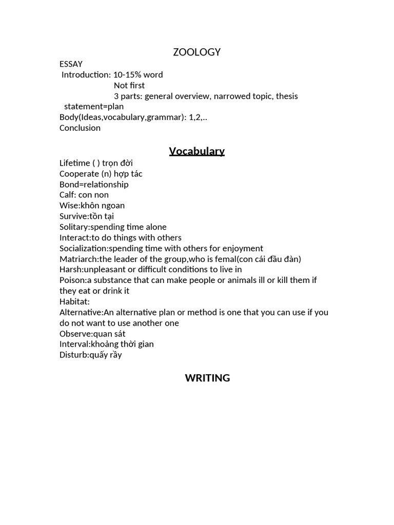 Zoology Essay Structure and Vocabulary | PDF