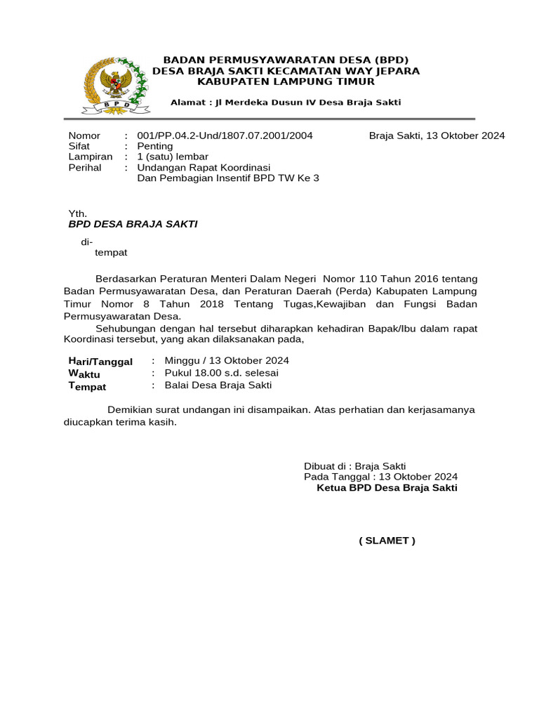 Draft - Undangan BPD | PDF