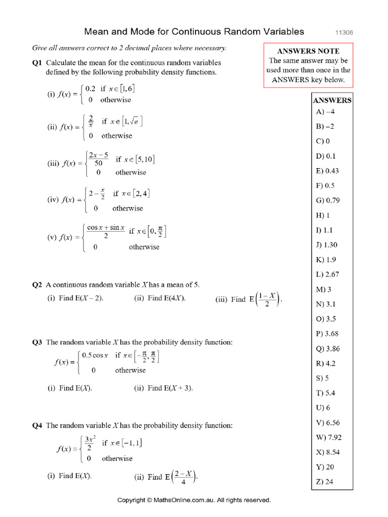 Mean and Mode For Continuous Random Variable | PDF