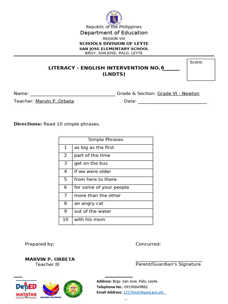 Department of Education: Literacy - English Intervention No. - (LNDTS) 6 | PDF