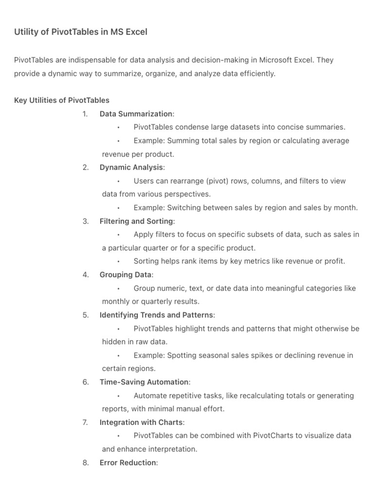 Utility of PivotTables in MS Excel | PDF | Data Analysis | Microsoft Excel