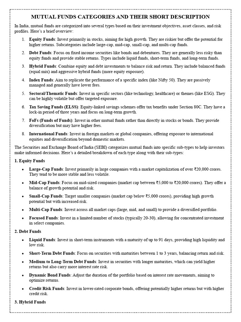 Mutual Funds Categories and Their Short Description | PDF | Financial ...