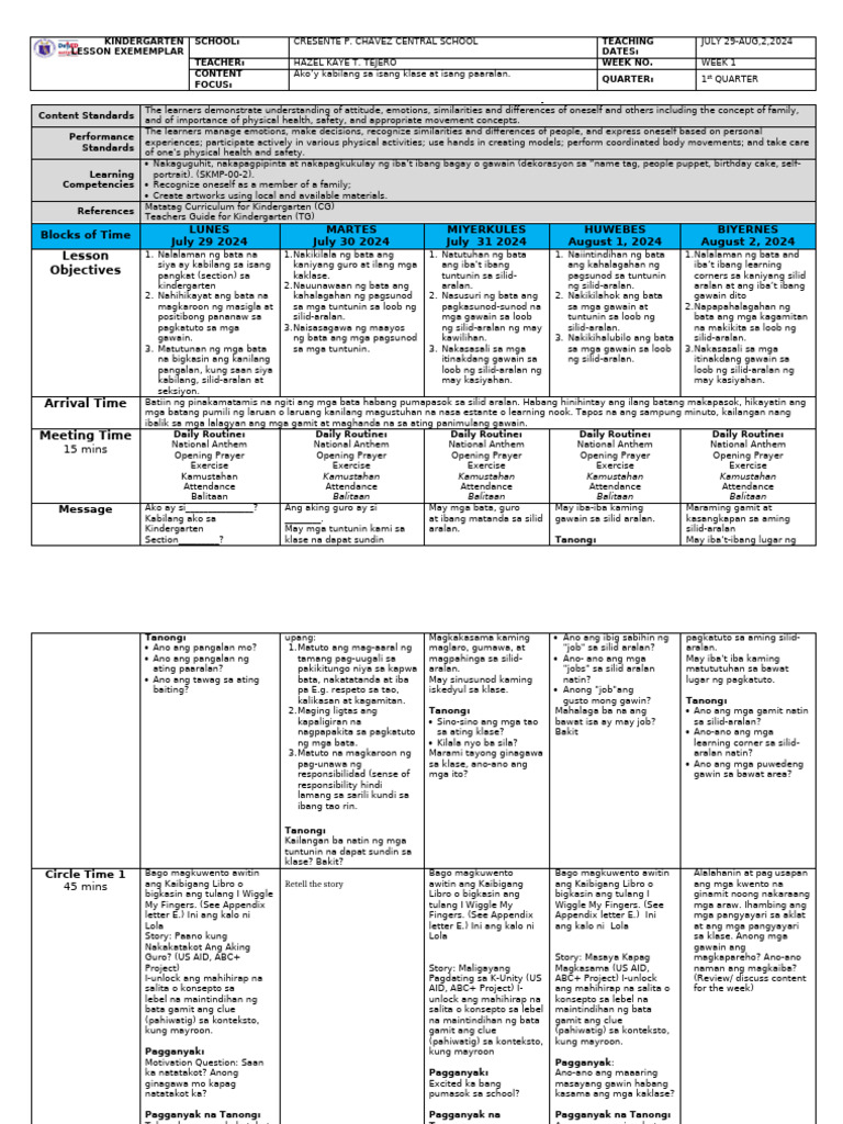 DLL Kindergarten Q1 W1 | PDF
