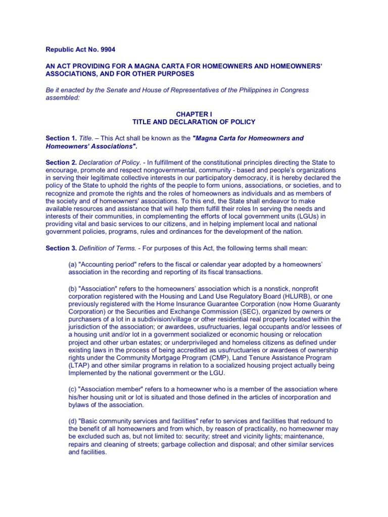 Republic Act No 9904-Magna Carta For Homeowners and Homeowners ...