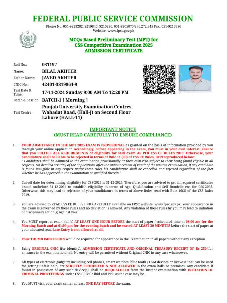 Online - Fpsc.gov - PK FPSC Css Prelim Exam 2025 BK Reports Css MPT Ac ...