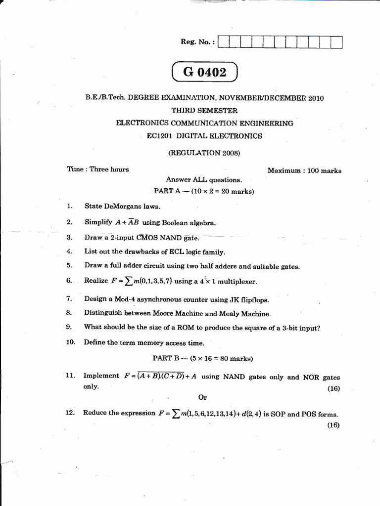 Ece-Nd-2011-Ec1201-Digital Electronics-454790385-Ec1201 | PDF | Logic Gate | Digital Electronics