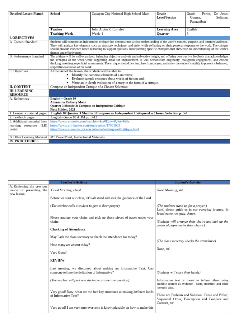 DLP English 10 Compose An Independent Critique | PDF | Critical ...