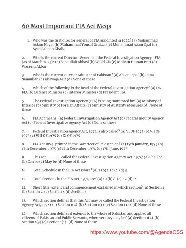 FIA Act Mcqs - Updated May 2023 | PDF | Inspector | Government Of Pakistan