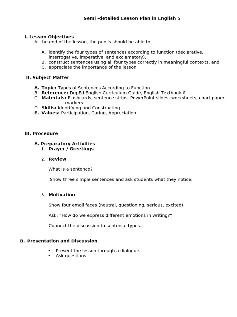 Lesson Plan - Four Types of Sentences According To Function | PDF | Sentence (Linguistics ...