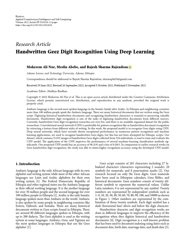 Handwritten Geez Digit Recognition Using Deep Learning | PDF | Deep Learning | Machine Learning