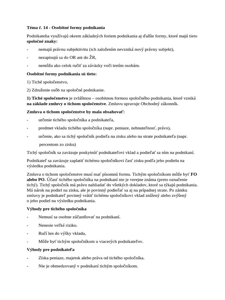 Téma Č. 14 - Osobtné Formy Podnikania | PDF