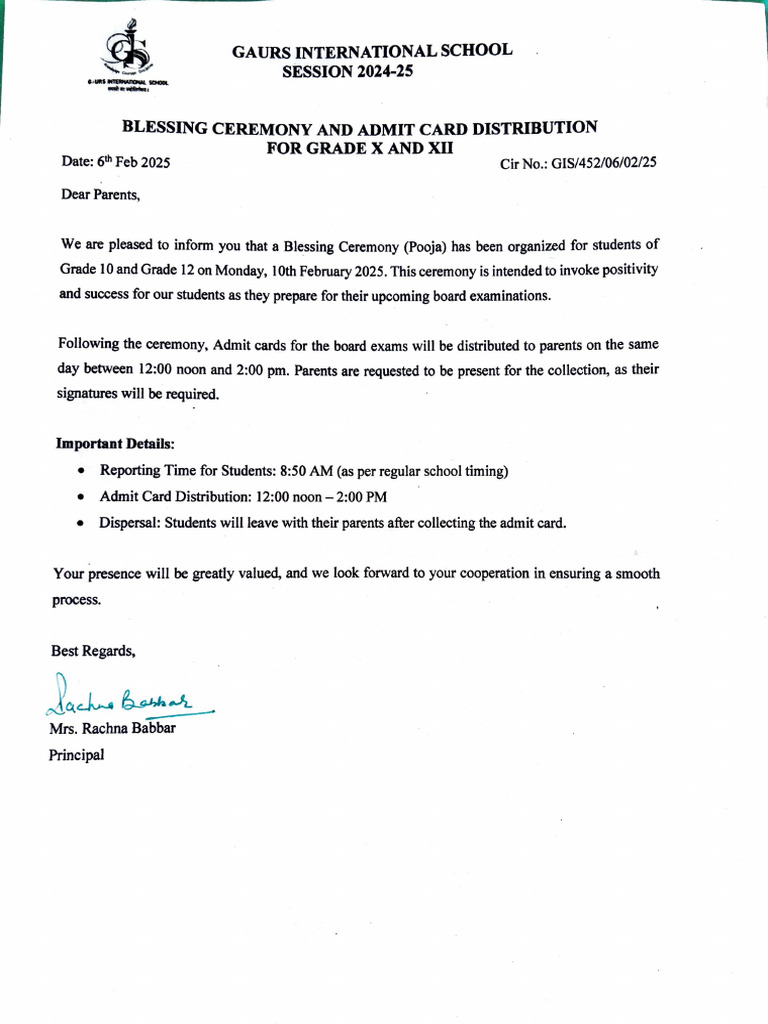 Grade X & XII Blessing Ceremony 2025 | PDF