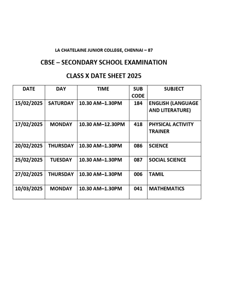 Class X Board Examination Date Sheet 2025 | PDF