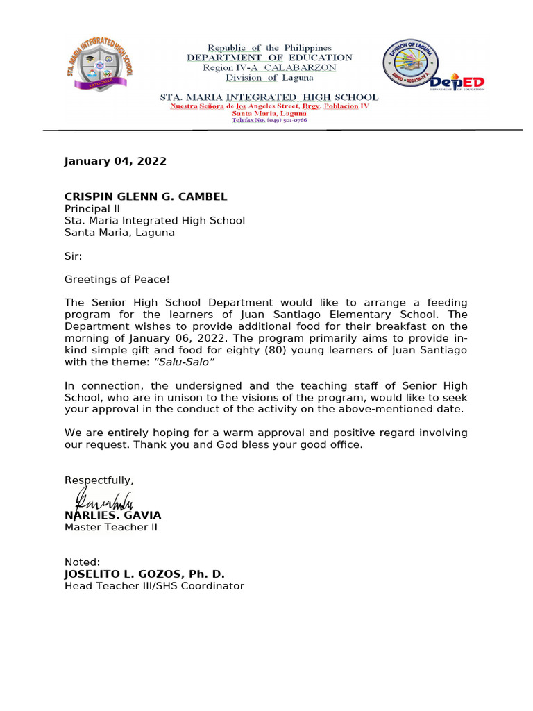 Salu-Salo Feeding Program Letter | PDF