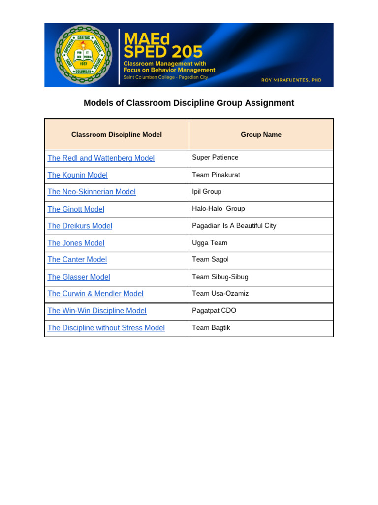 Classroom Discipline Models Overview | PDF