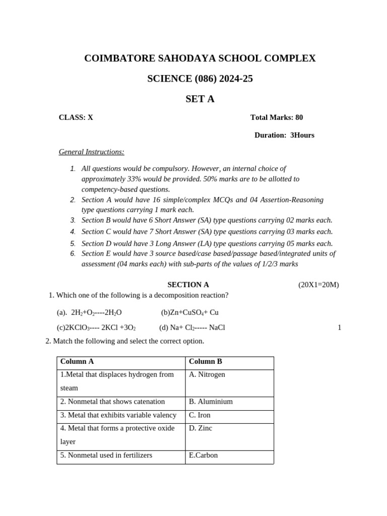 10 Science Set a QP (1) class 10 cbse | PDF | Acid | Chemical Reactions