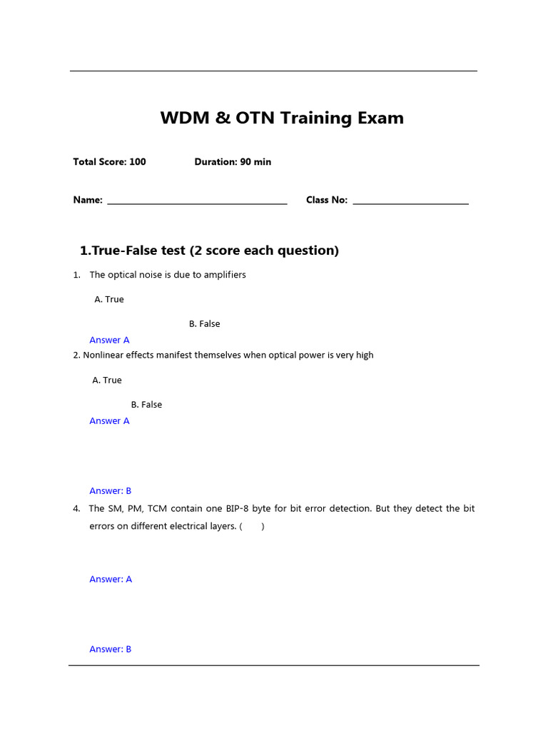 WDM & OTN exam answers | PDF | Wavelength Division Multiplexing | Fiber Optic Communication