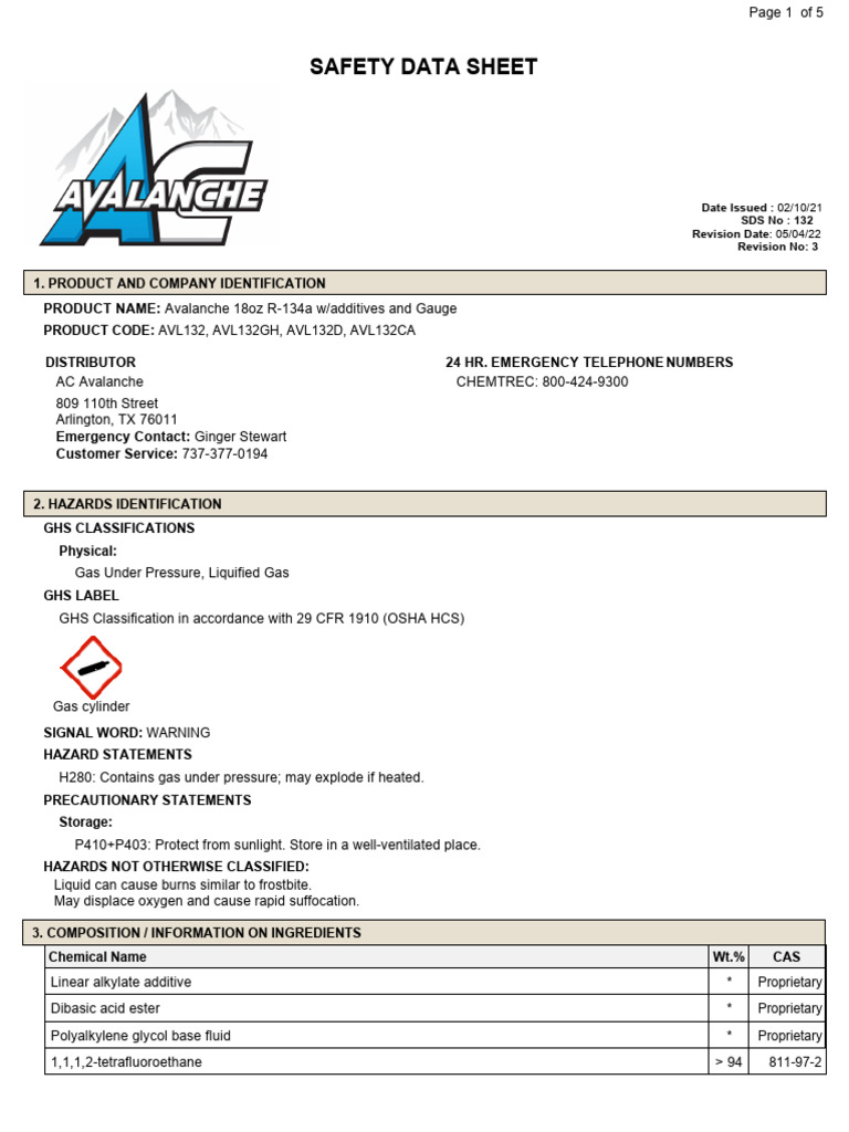 ac avalanche 134a msds | PDF | Personal Protective Equipment | Firefighting