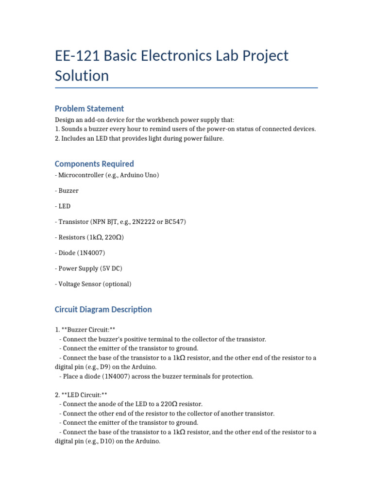 EE-121 Basic Electronics Lab Project | PDF | Transistor | Arduino