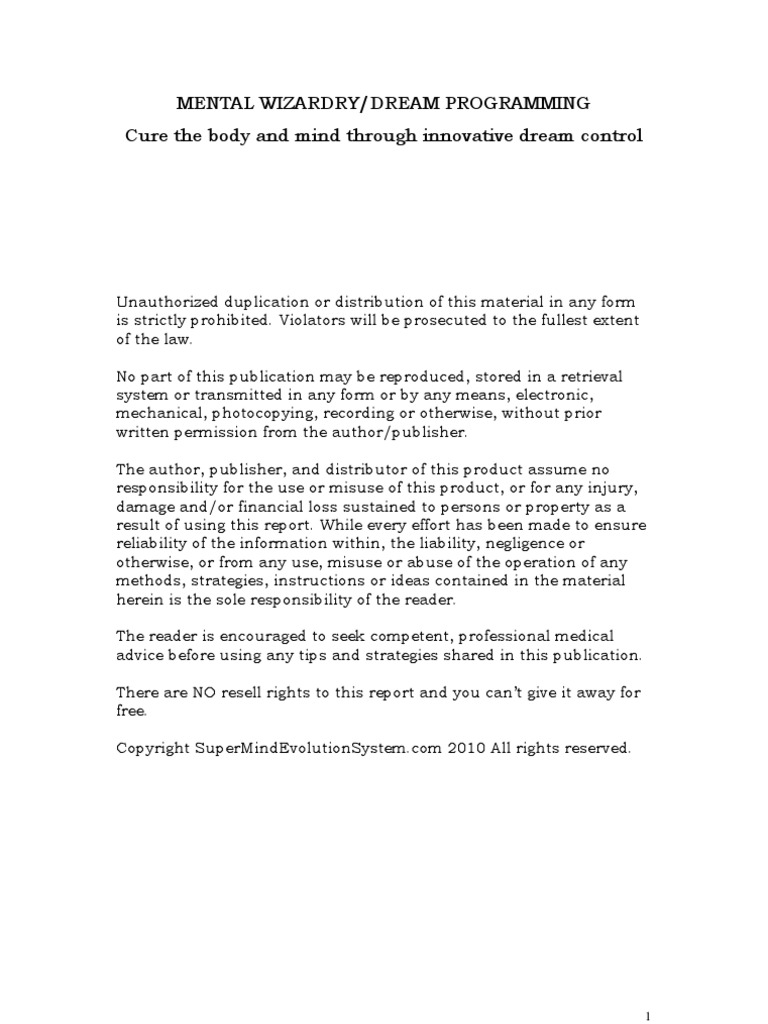 Mental Wizardry/Dream Programming Cure The Body and Mind Through ...