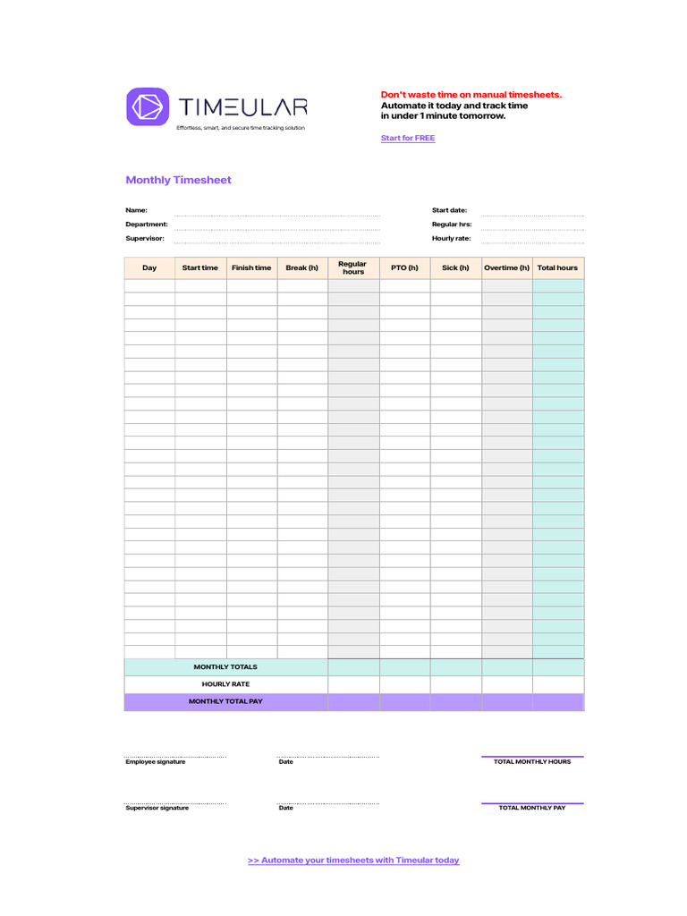 Timeular Monthly Timesheet TEMPLATE | PDF | Working Time | Labor