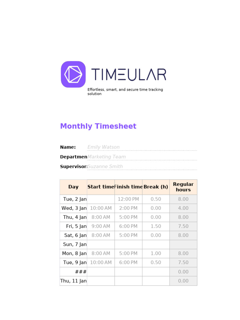 Timeular Monthly Timesheet TEMPLATE | PDF | Working Time | Labor