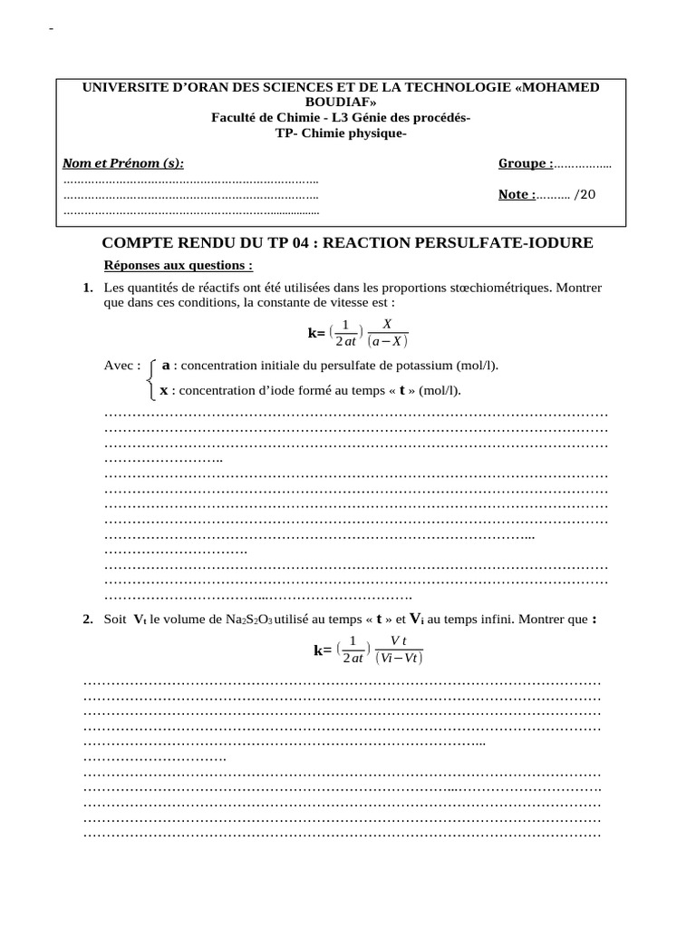 Compte Rendu TP 04 Reaction Persulfate Iodure 2 | PDF