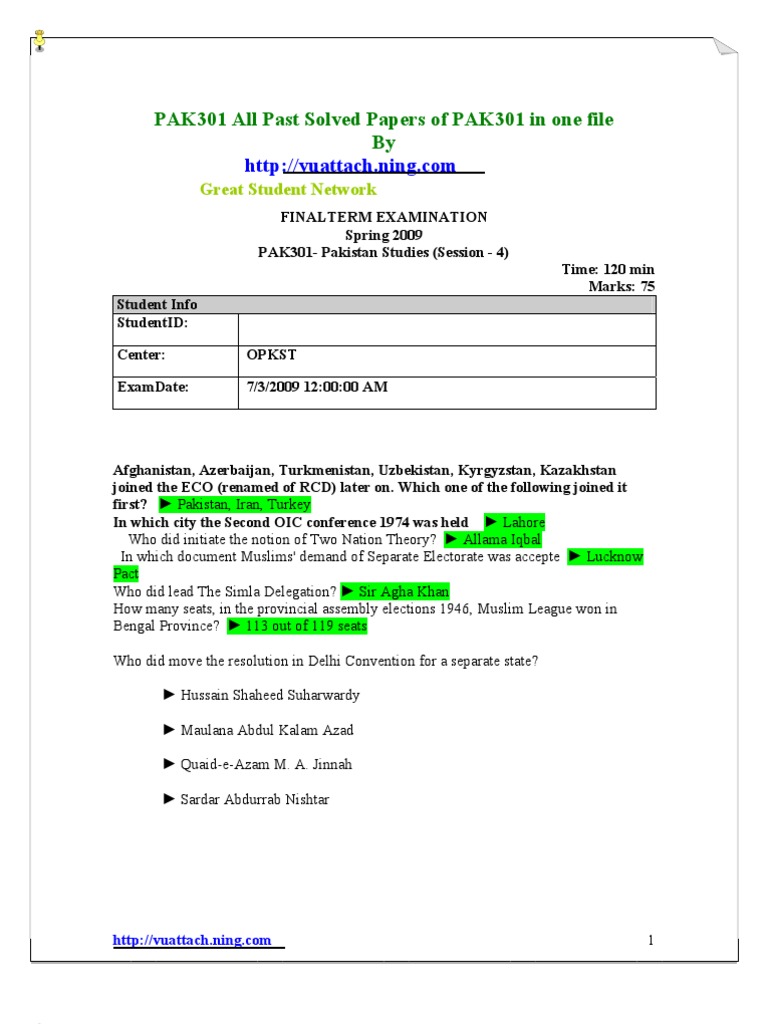 PAK301 Past Papers Compilation | PDF | All India Muslim League ...