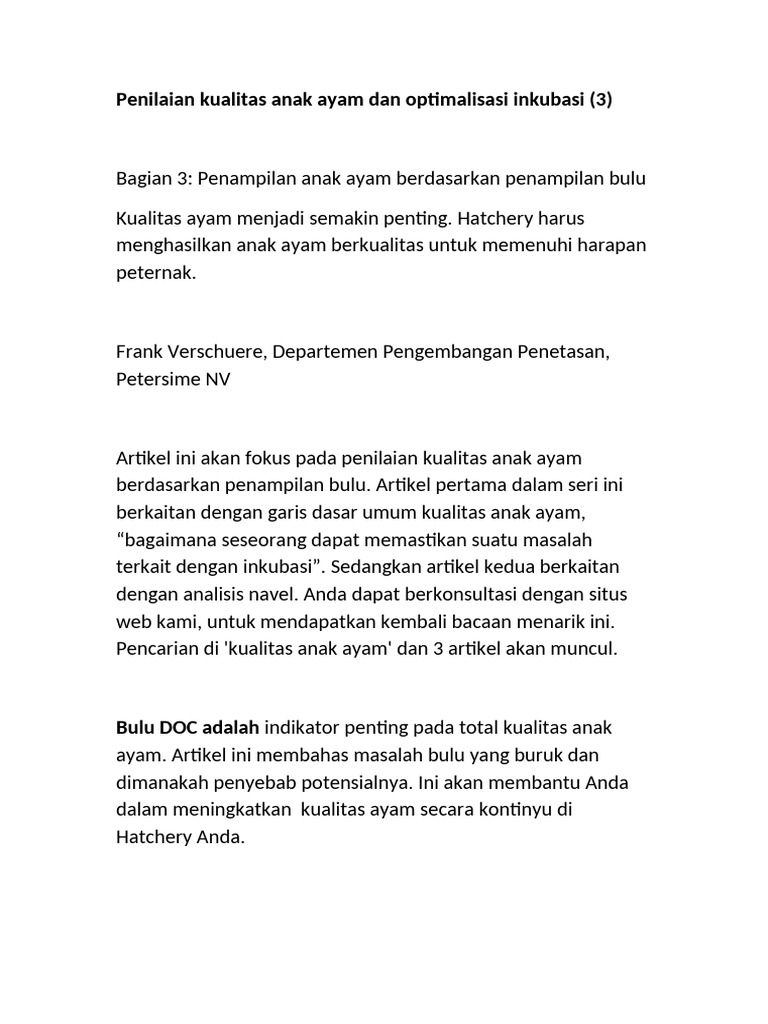 Chick Quality Assessment and Incubation Optimisation | PDF
