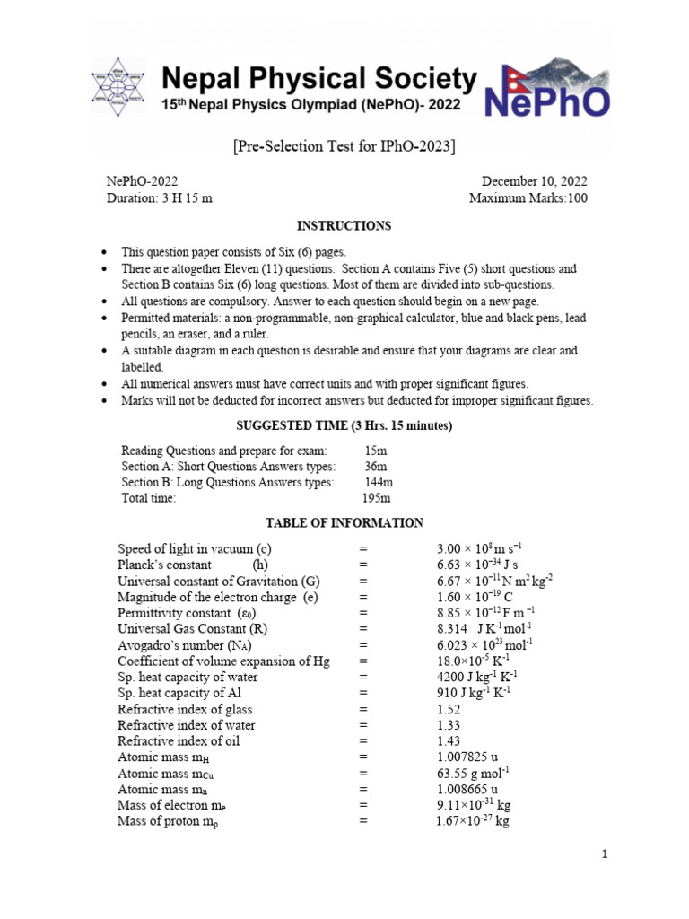 NePhO Pre-Selection Test 2022-1 | PDF | Temperature | Mass