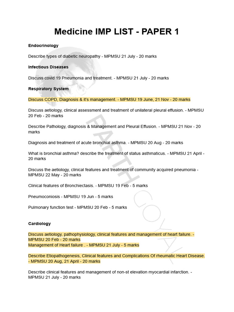 Medicine IMP LIST - PAPER 1 | PDF | Pneumonia | Anemia