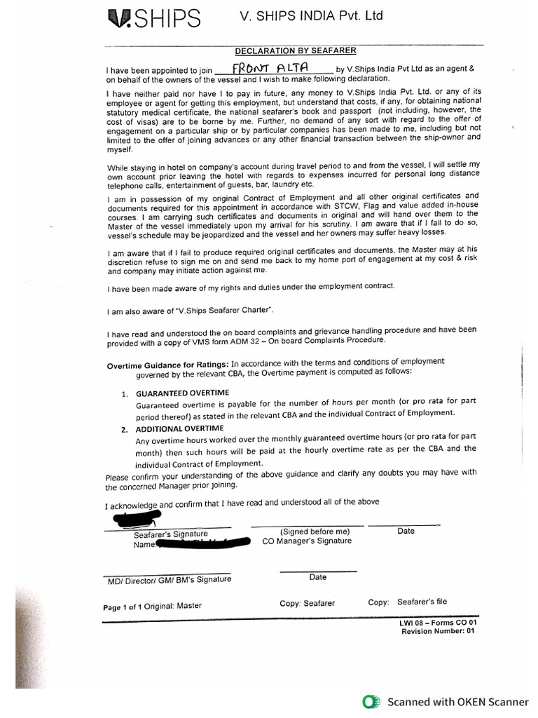 Declaration of Seafarer | PDF