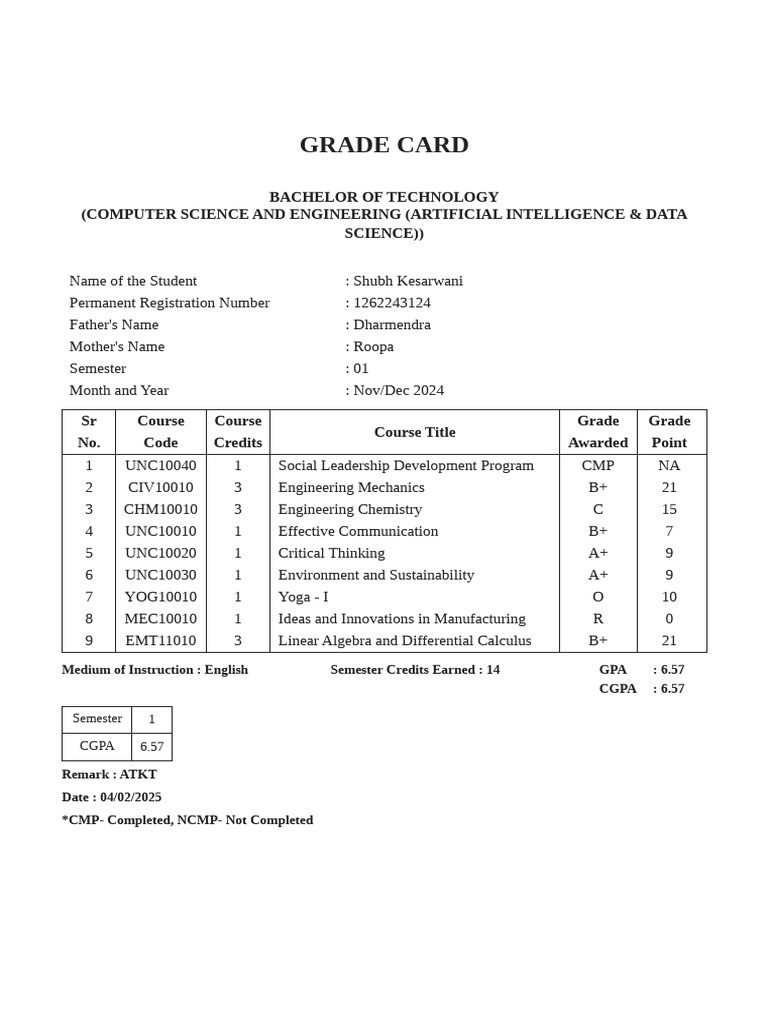 Btech Cse Aids Sem 1 Sem Grade Card 1 1738665552224 STD | PDF