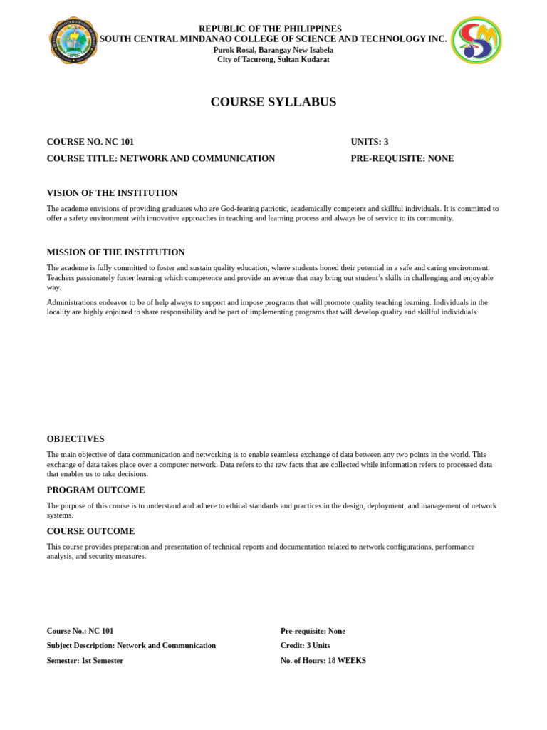 COURSE SYLLABUS NC 101 | PDF | Computer Network | Osi Model