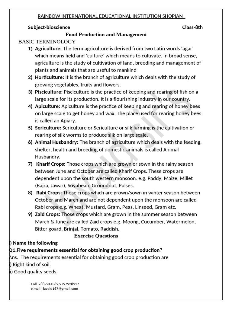 Crop Production and Management Class 8th | PDF | Manure | Fertilizer