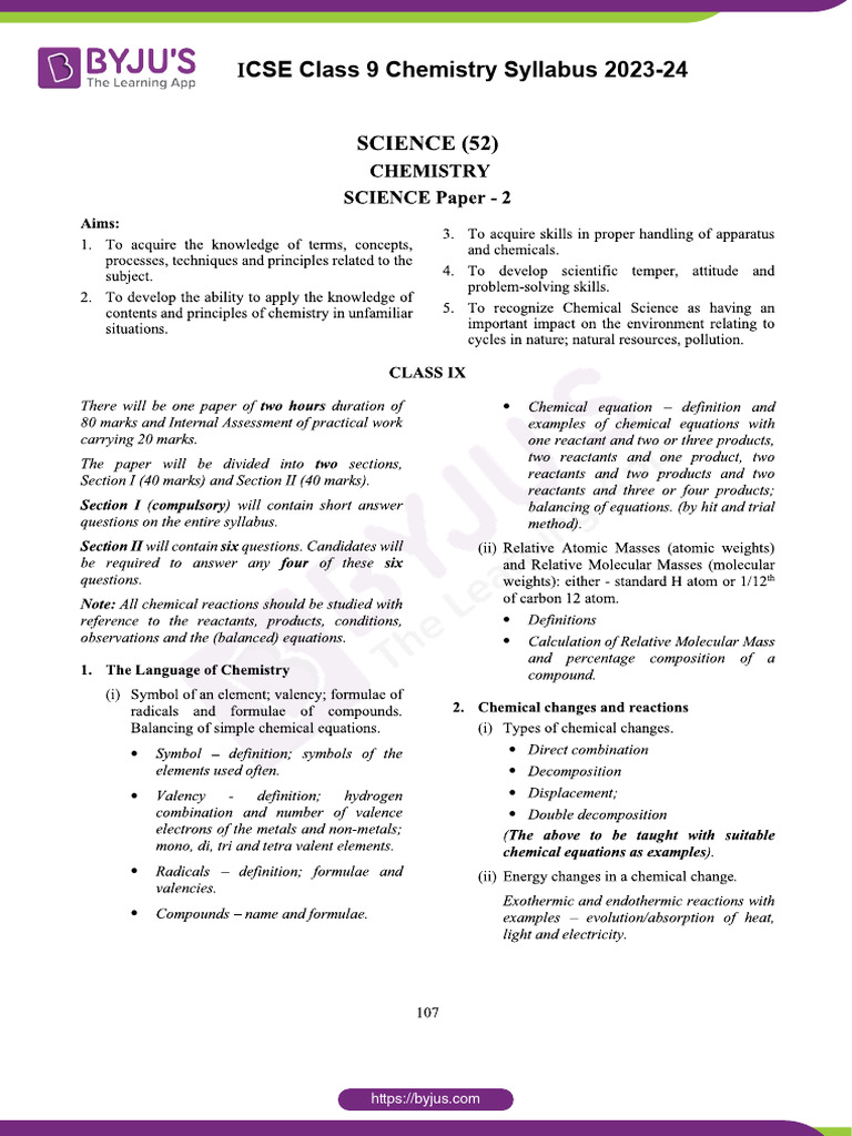 ICSE Class 9 Chemistry Syllabus 2023 24 | PDF