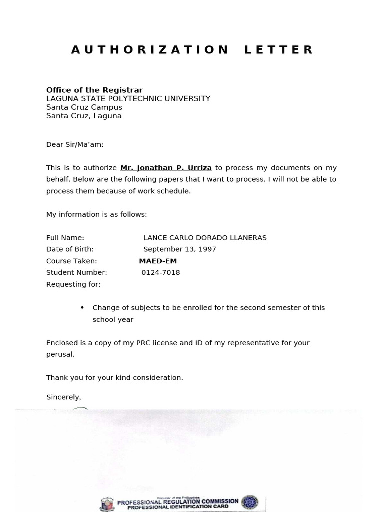 Authorization Letter for Document Processing | PDF