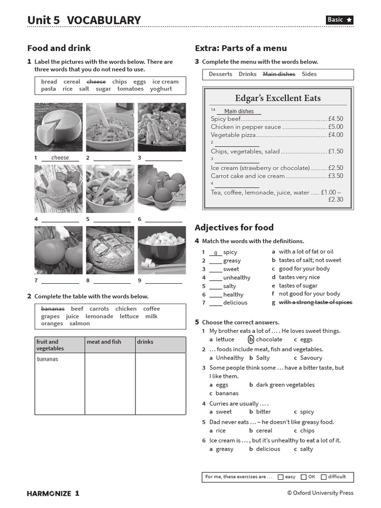 Harmonize 1 - Unit 5 - Extra Worksheet (1star) | PDF | Drink | Foods