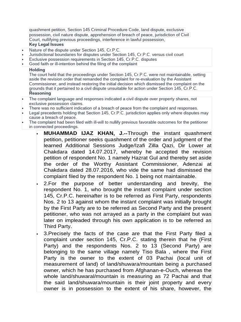 Muhammad Ijaz Khan, J. - : Key Legal Issues | PDF | Complaint | Lawsuit